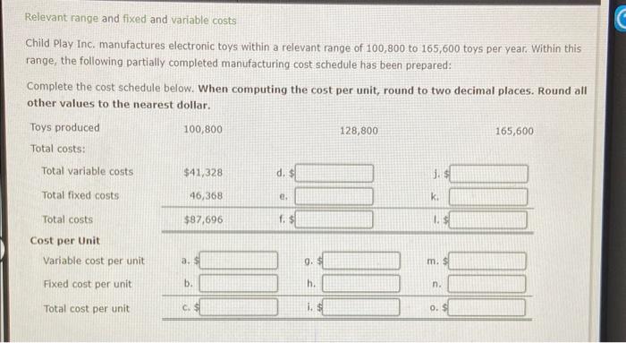 Solved Relevant range and fixed and variable costs Child | Chegg.com