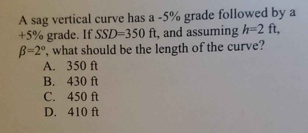 Solved a A sag vertical curve has a -5% grade followed by a | Chegg.com