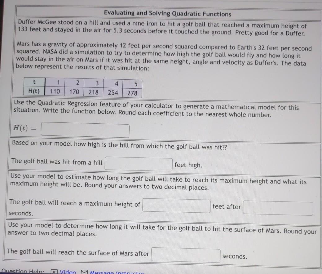 Solved Evaluating and Solving Quadratic Functions Duffer | Chegg.com