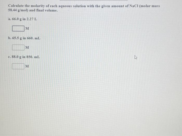Solved Calculate the molarity of each aqueous solution with | Chegg.com