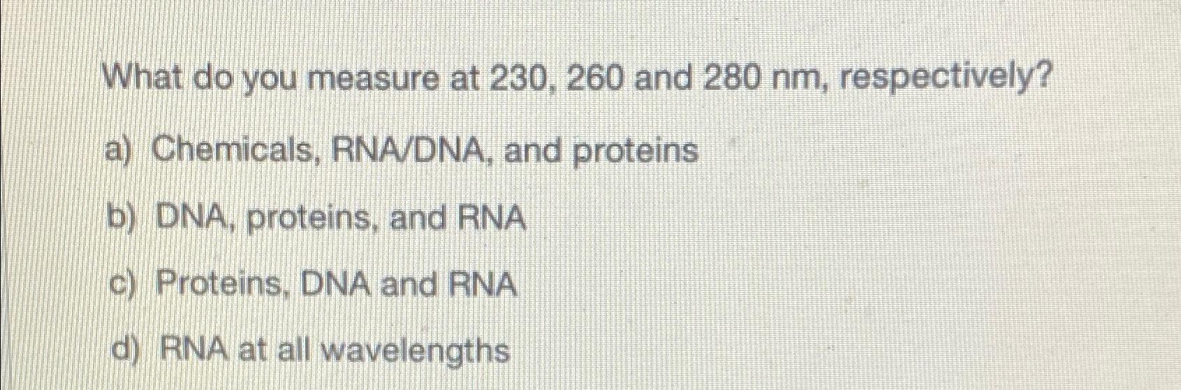 Solved What do you measure at 230,260 ﻿and 280nm, | Chegg.com