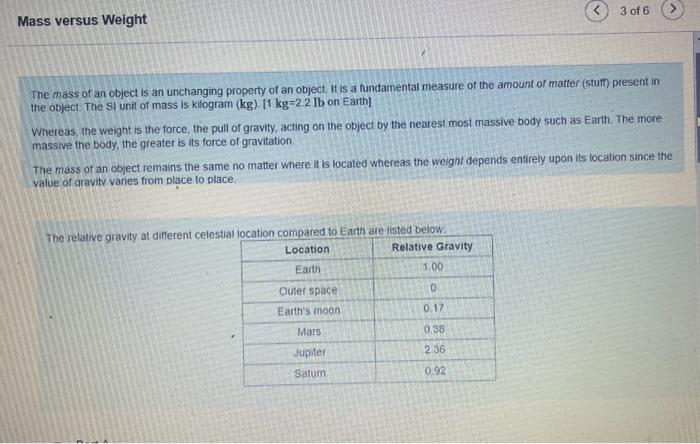 Solved Mass versus Weight The mass of an object is an | Chegg.com