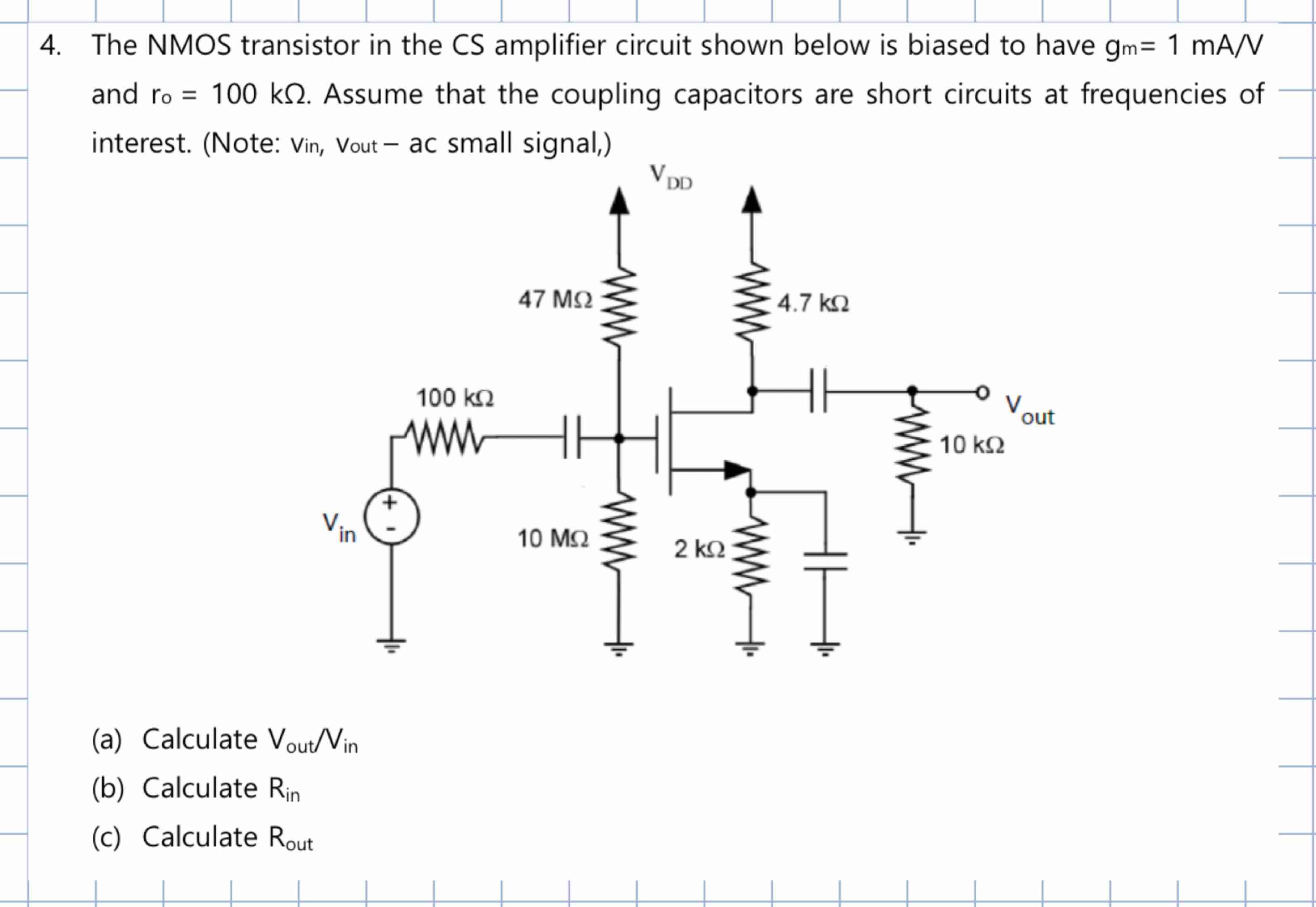 Solved The NMOS transistor in ﻿the CS ﻿amplifier circuit | Chegg.com