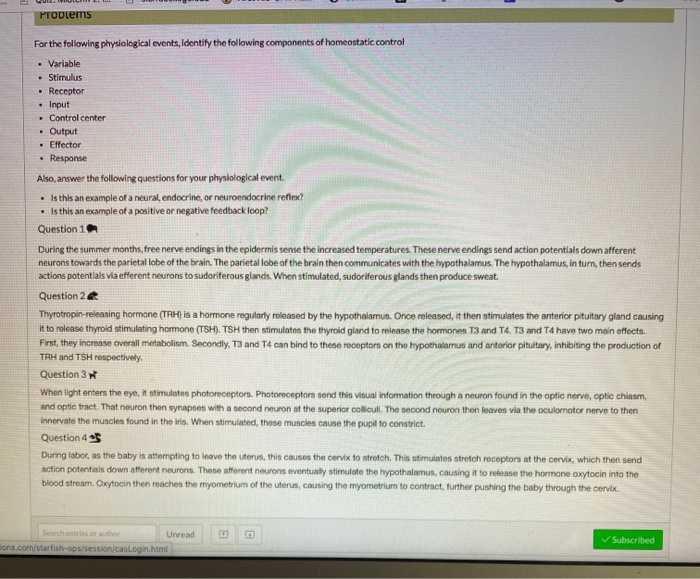 Solved Problems For the following physiological events, | Chegg.com