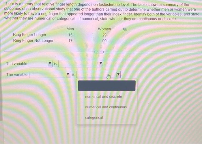 Solved There is a theory that relative finger length depends | Chegg.com