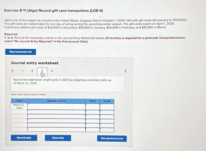 Solved Exercise 8-11 (Algo) Record gift card transactions | Chegg.com