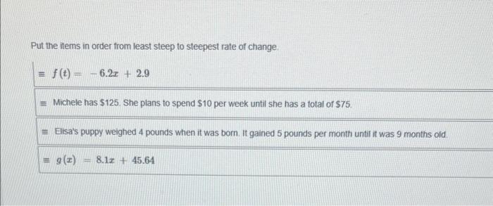 Solved Put the ilems in order from least steep to steepest | Chegg.com