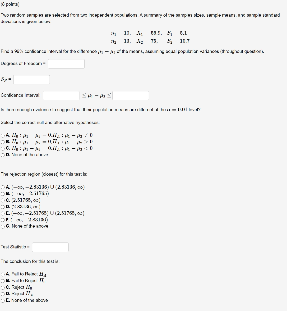 Solved (8 ﻿points)Two random samples are selected from two | Chegg.com