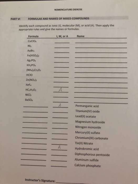 Solved NOMENCLATURE EXERCISE PART VI FORMULAS AND NAMES OF | Chegg.com