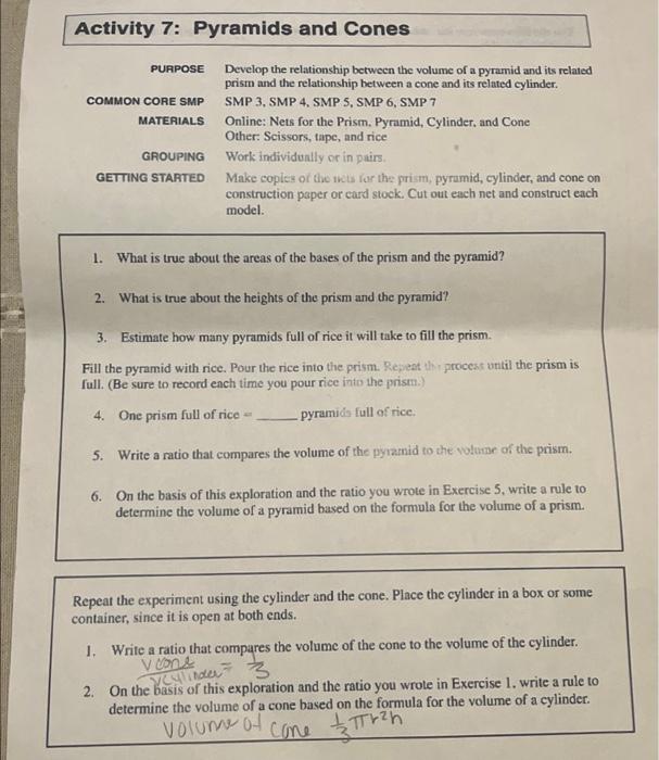 Solved Activity 7: Pyramids and Cones PURPOSE COMMON CORE | Chegg.com