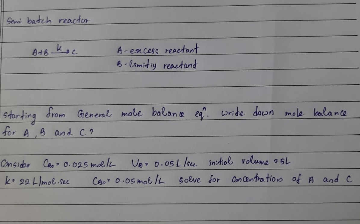 Solved Semi batch reactorA+B→C,A-excess reactant ,B-limited | Chegg.com