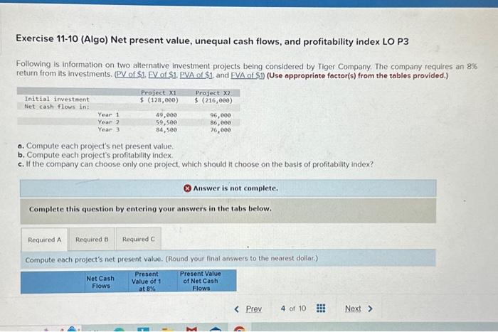 Solved Exercise 11-10 (Algo) Net present value, unequal cash | Chegg.com