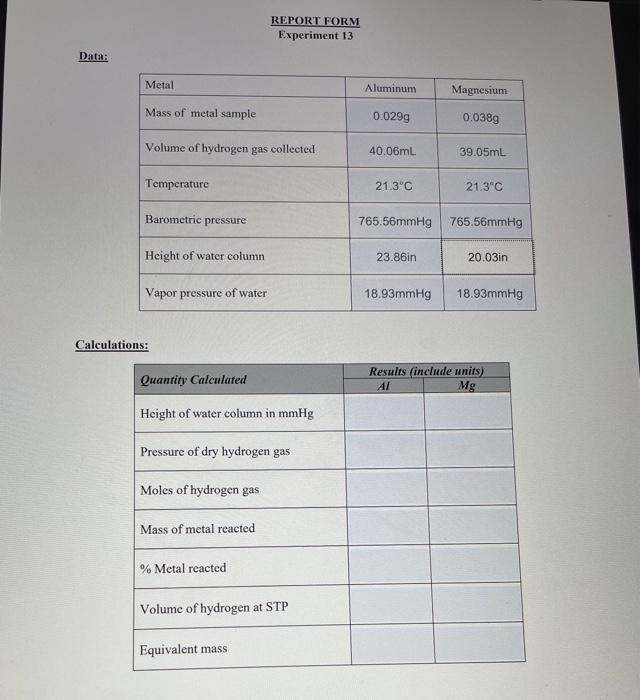 Solved REPORT FORM Experiment 13 Data: Metal Aluminum | Chegg.com