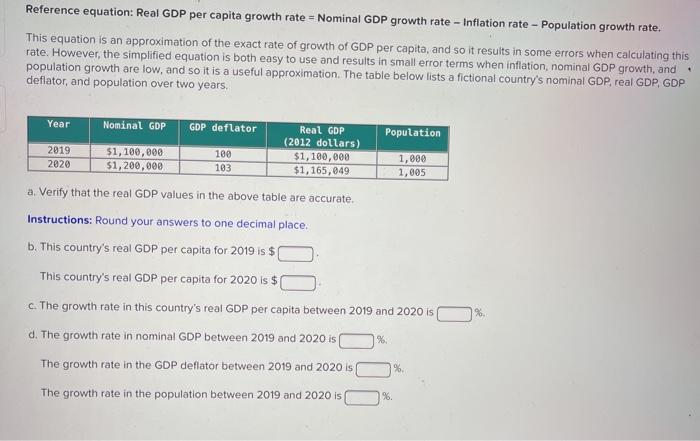 Solved Reference equation: Real GDP per capita growth rate = | Chegg.com