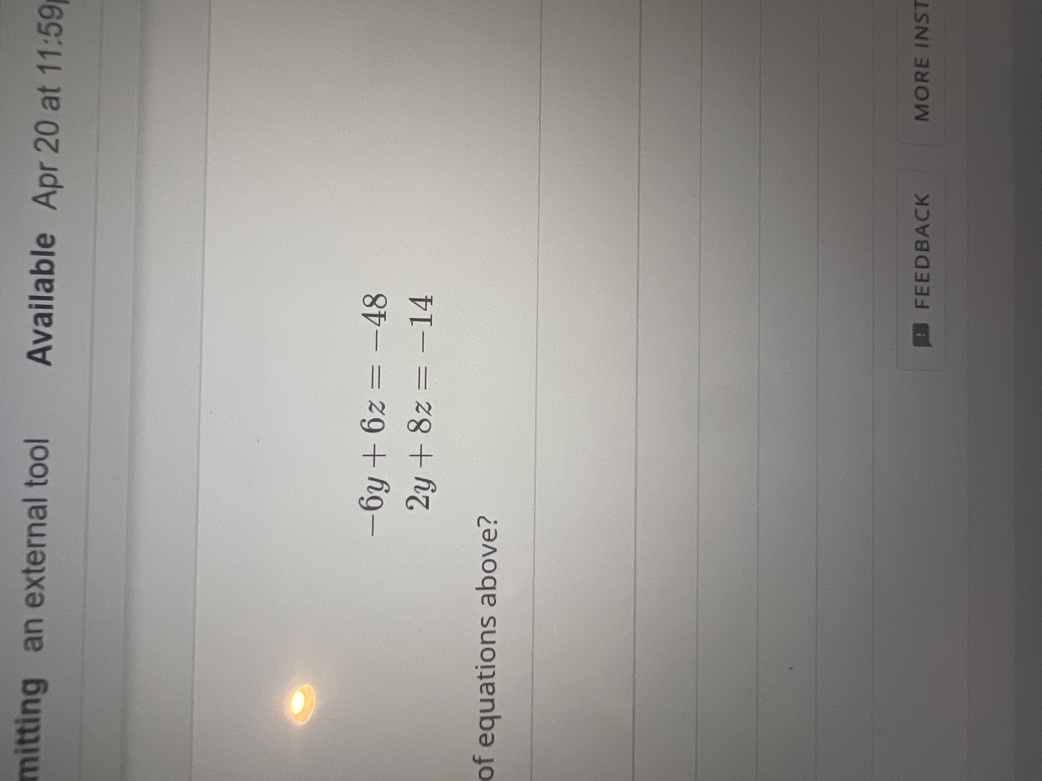 Solved -6y+6z=-482y+8z=-14of equations above? | Chegg.com