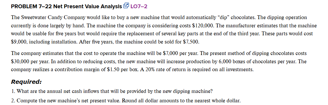 Solved PROBLEM 7-22 ﻿Net Present Value AnalysIsThe | Chegg.com