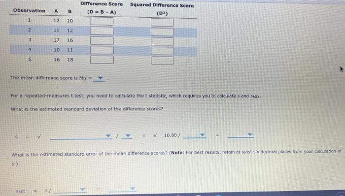 Solved Squared Difference Score Observation Difference Score | Chegg.com