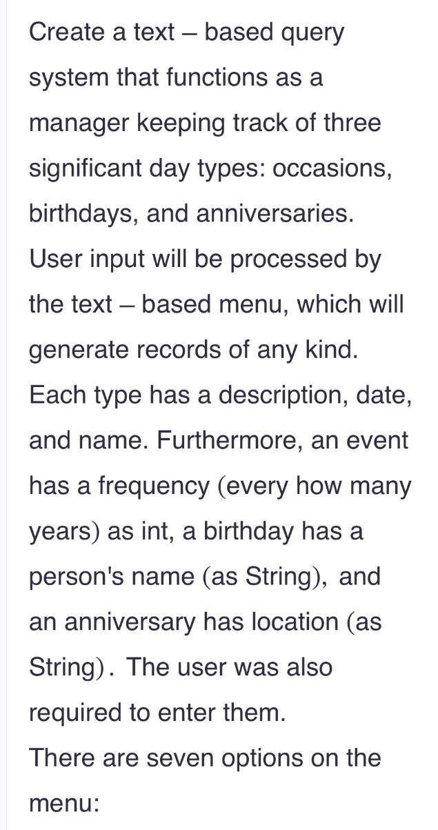 WRite this in JAVACreate a text - ﻿based query system | Chegg.com