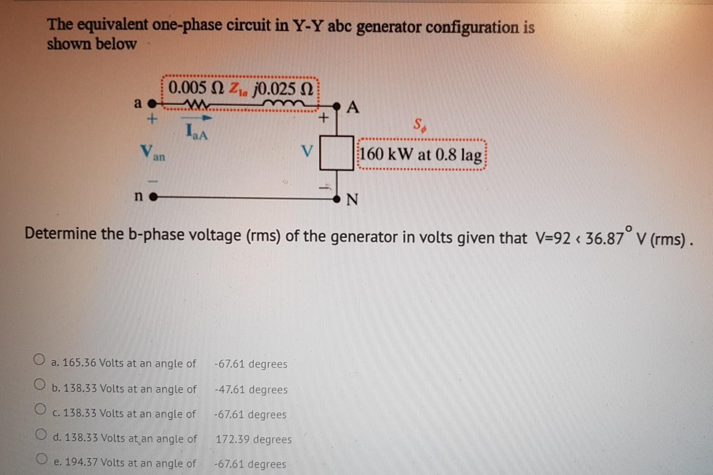 Solved The equivalent one-phase circuit in Y-Y abc generator | Chegg.com