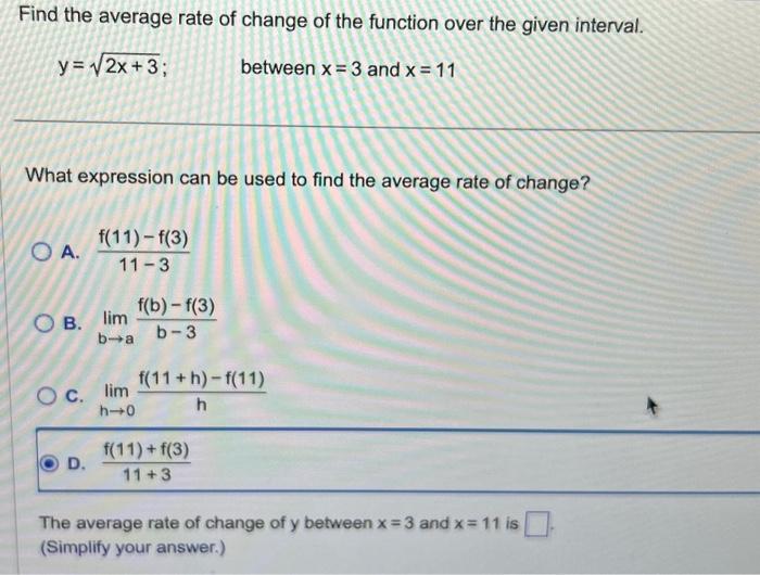 Solved Find the average rate of change of the function over | Chegg.com