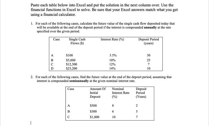 Solved Paste each table below into Excel and put the | Chegg.com