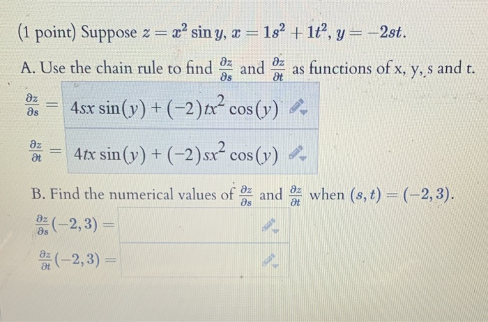 Solved (1 point) Suppose z = z2 sin y, x = 192 + 1t?, y = | Chegg.com