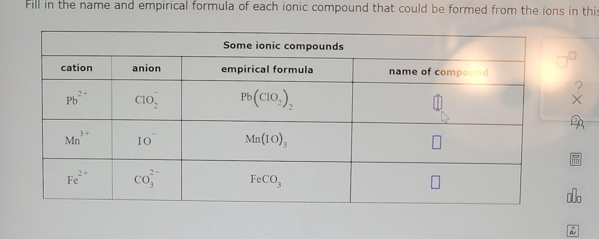 Fill in the name and empirical formula of each ionic | Chegg.com