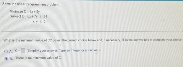Solved Solve the linear programming problem. Minimize C | Chegg.com