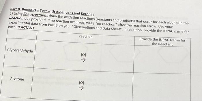 Solved Part B. Benedict's Test with Aldehydes and Ketones 1) | Chegg.com