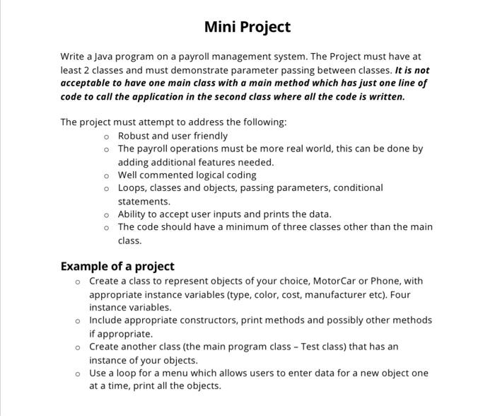 Mini Project Write a Java program on a payroll | Chegg.com