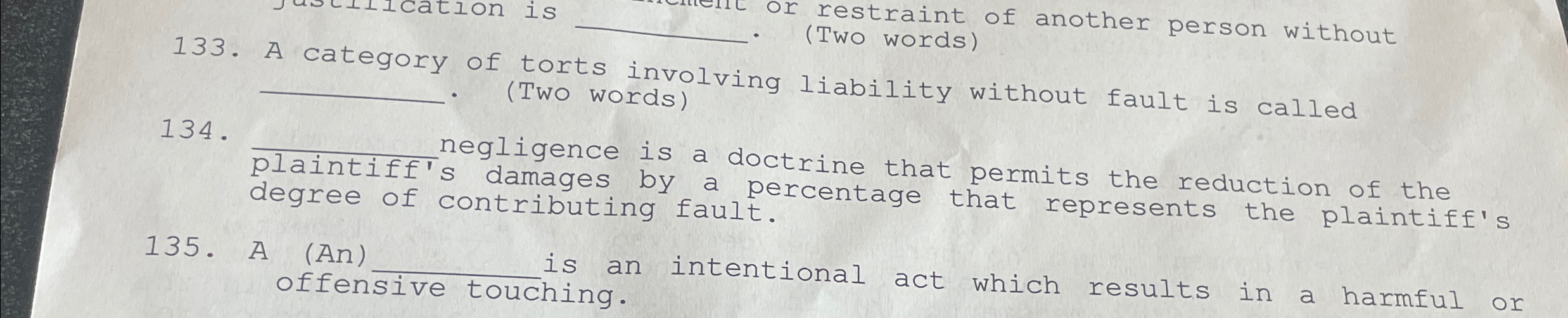 Solved A category of torts involving liability without fault | Chegg.com