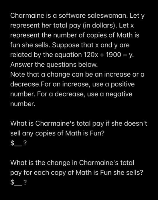 Solved Charmaine is a software saleswoman. Let y represent | Chegg.com