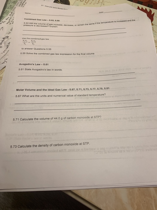 Solved Combined Gas Law -5.53, 5.55 5.53 ww the volume of | Chegg.com