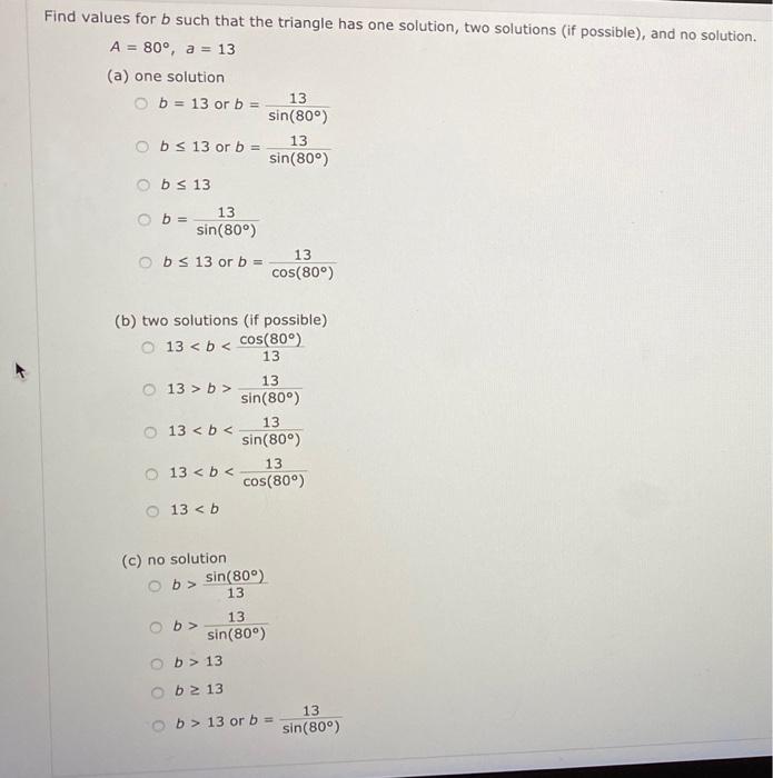 Solved Find values for b such that the triangle has one | Chegg.com