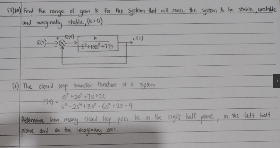 Solved (3)(a) ﻿Find the range of ﻿gain. K ﻿for the system | Chegg.com