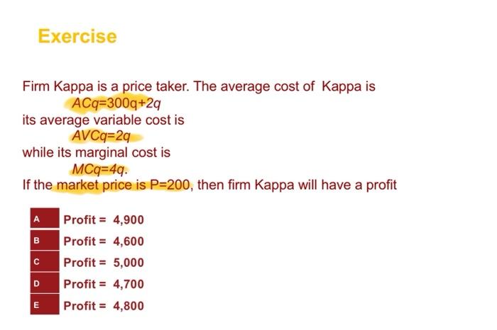 Solved Exercise Firm Kappa is a price taker. The average | Chegg.com