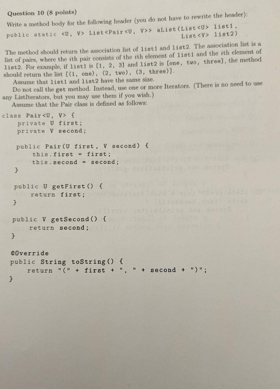 Solved Question 10 (8 points) Write a method body for the | Chegg.com