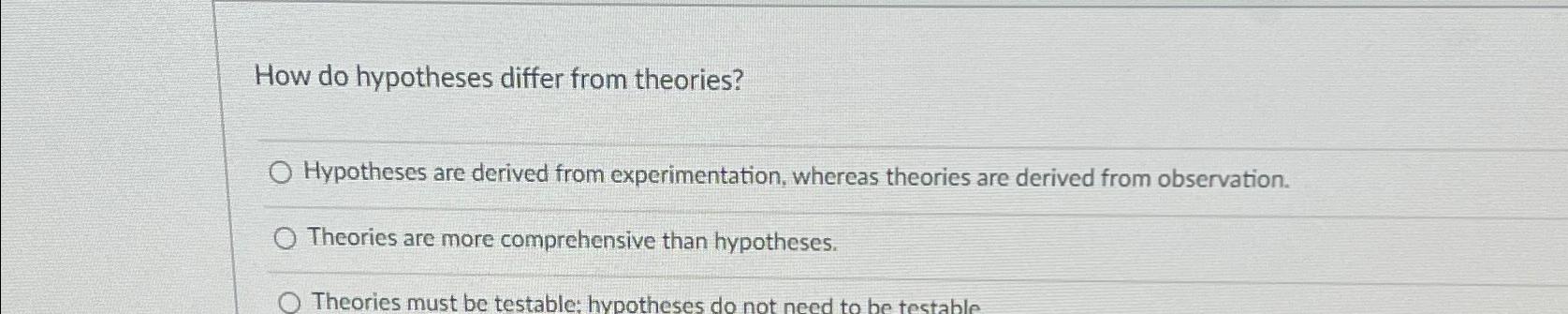 Solved How do hypotheses differ from theories?Hypotheses are | Chegg.com