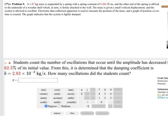 Solved (7\%) Problem 9: A 1.97 kg mass is suspended by a | Chegg.com