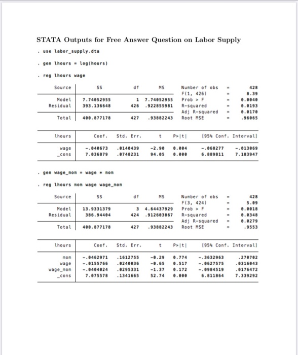 Solved Stata Outputs For Free Answer Question On Labor 