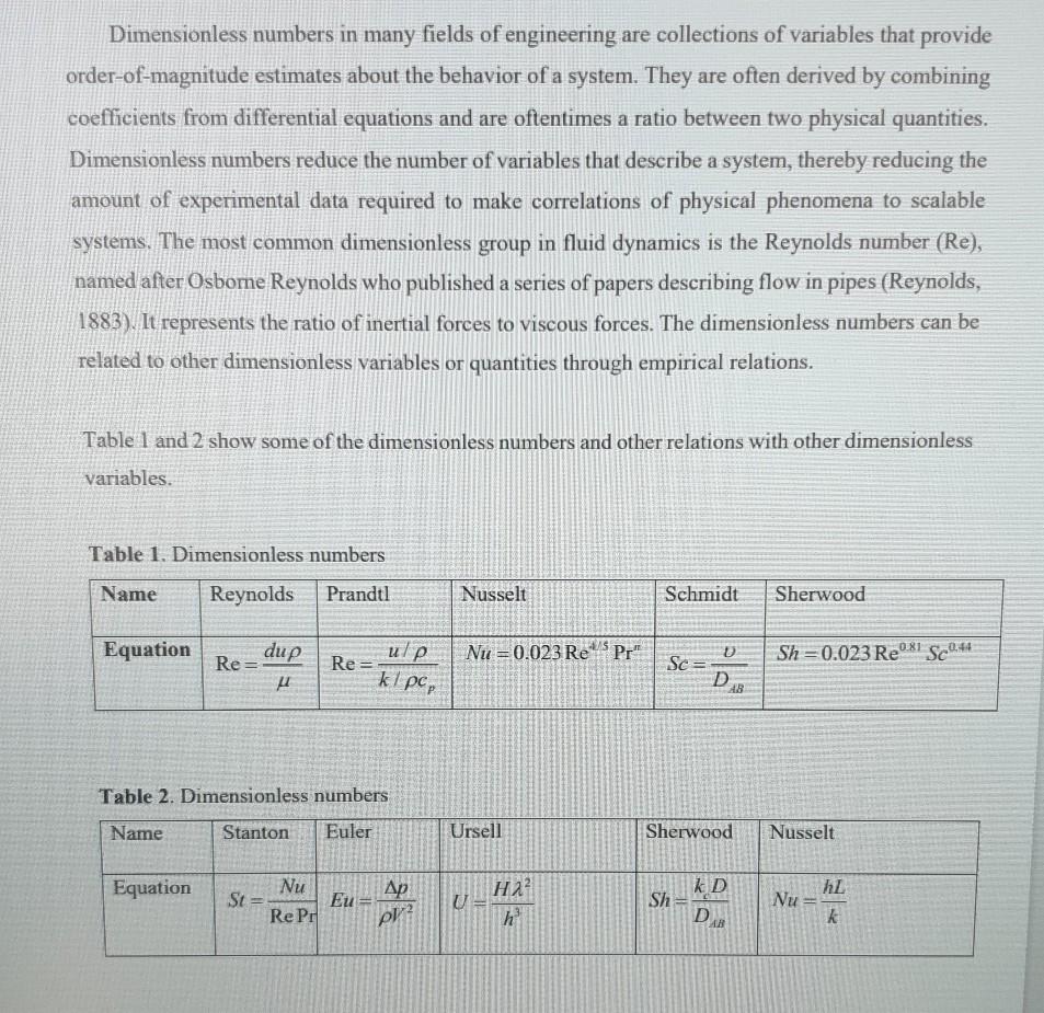 Solved Dimensionless numbers in many fields of engineering | Chegg.com