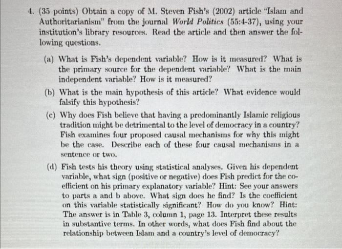 (35 points) Obtain a copy of M. Steven Fish's (2002) | Chegg.com