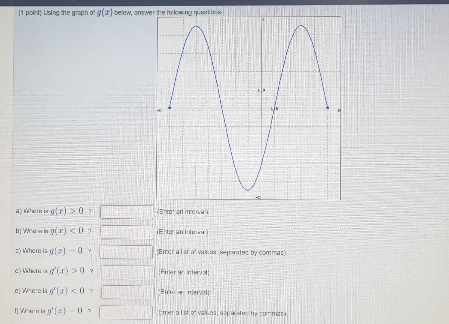 Solved (1 point) Using the graph of g(x) below, answ a) | Chegg.com