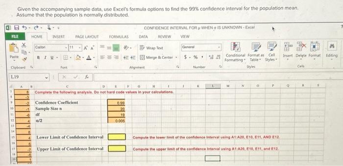 Solved Given the accompanying sample data, use Excel's | Chegg.com