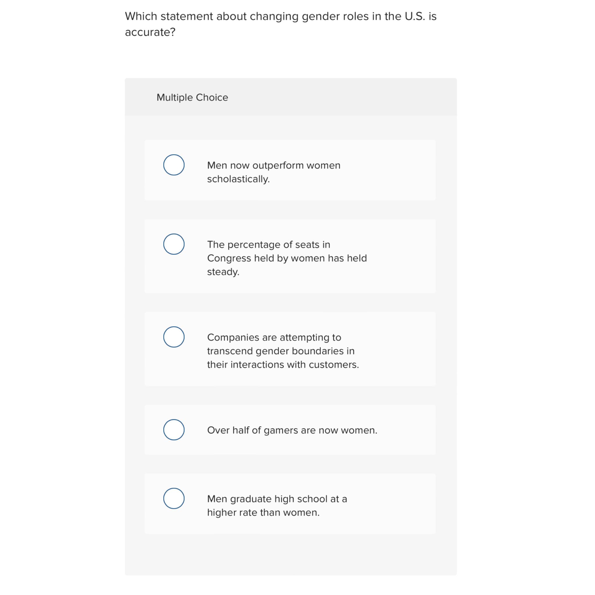 Solved Which statement about changing gender roles in the | Chegg.com