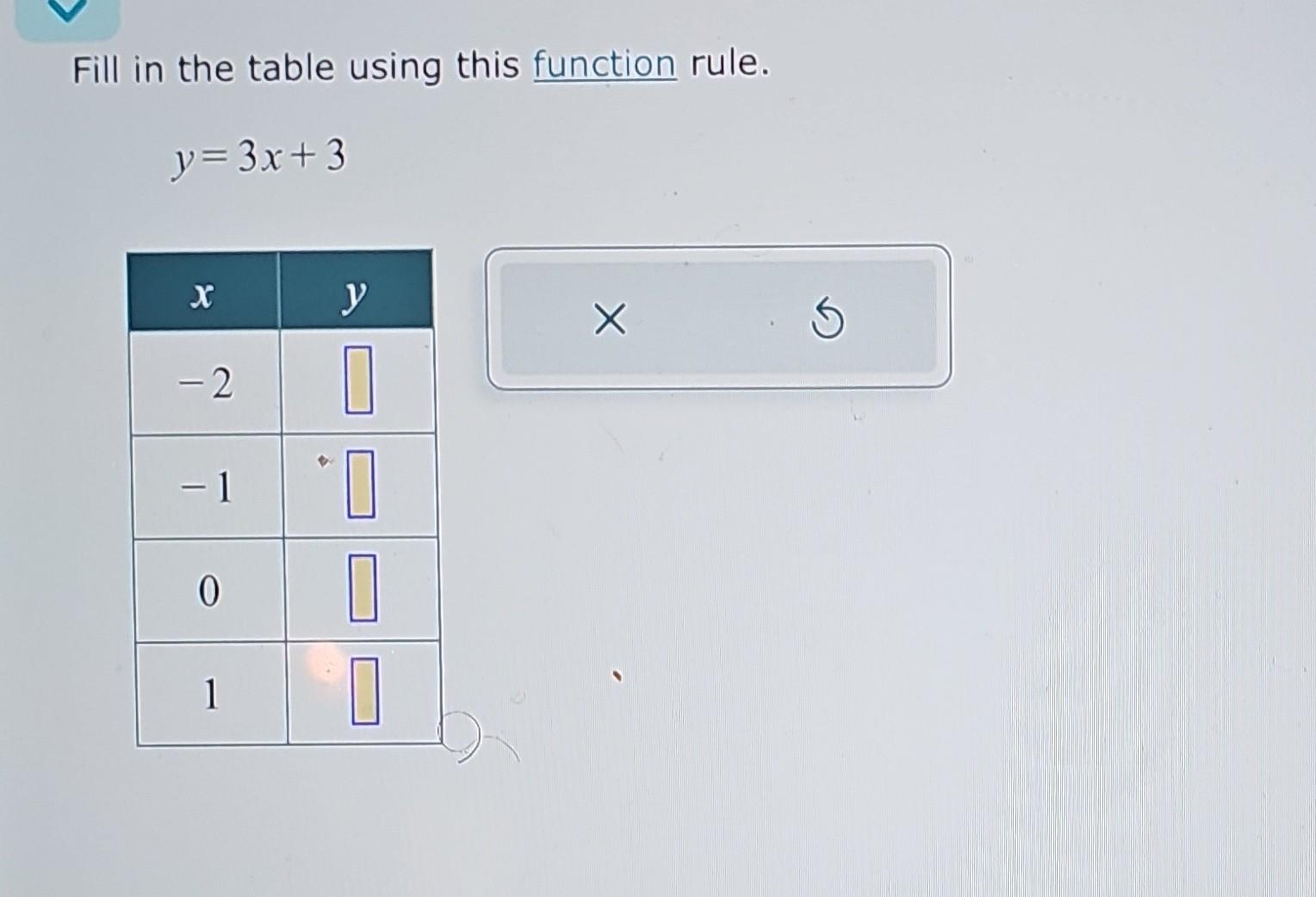 Solved Fill in the table using this function rule. y=3x+3 | Chegg.com