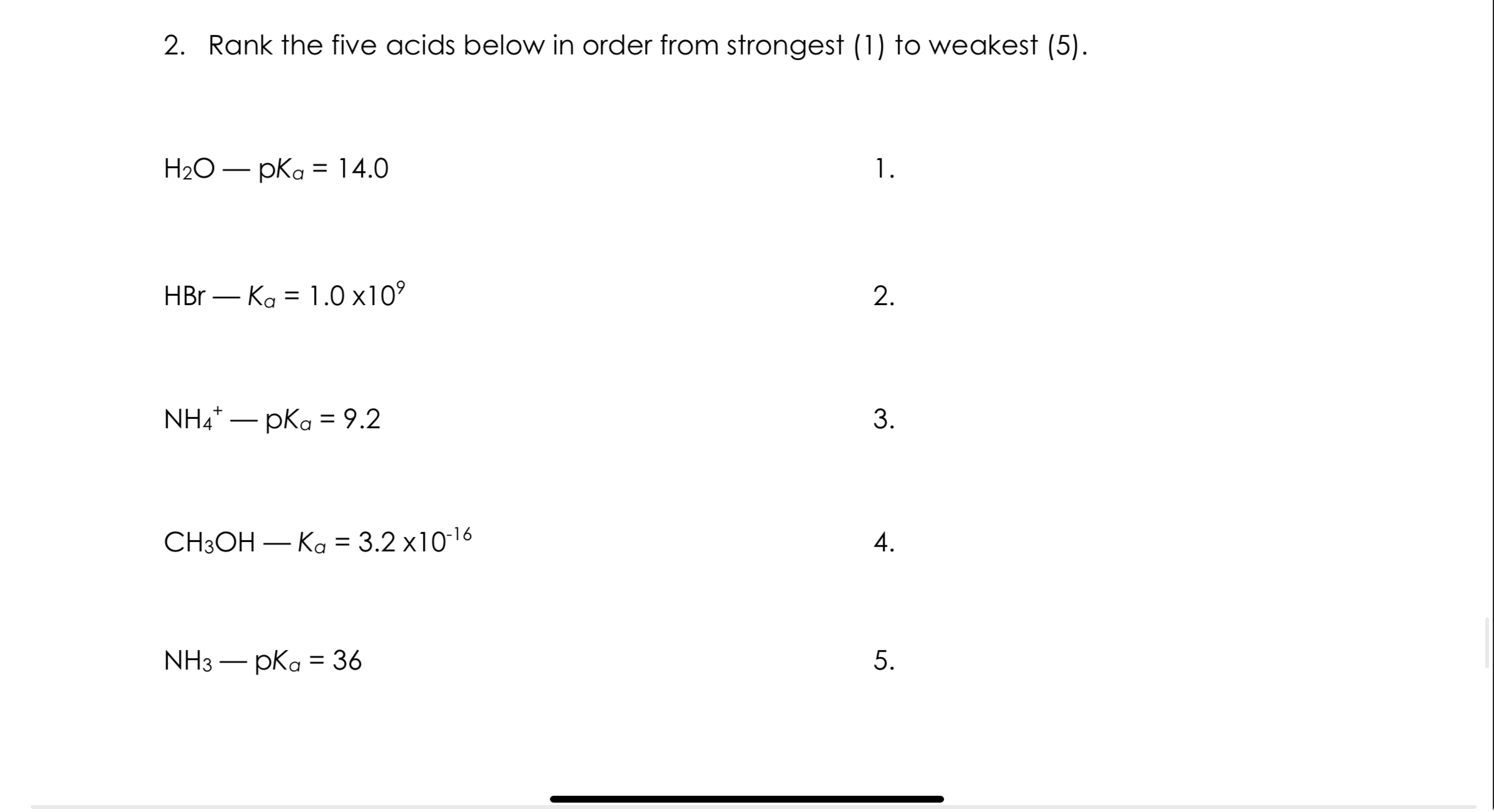 Solved Rank the five acids below in order from strongest (1) | Chegg.com