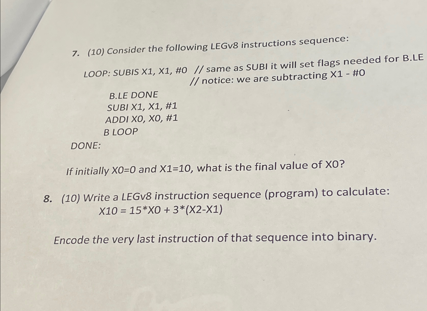 Solved (10) ﻿Consider the following LEGv8 ﻿instructions | Chegg.com