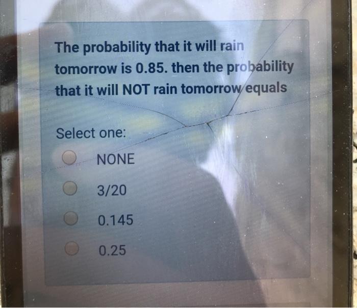Solved The probability that it will rain tomorrow is 0.85. | Chegg.com