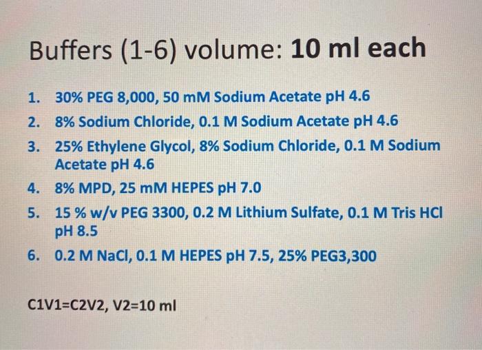 Solved Buffers (1-6) volume: 10 ml each 1. 30% PEG 8,000, 50 | Chegg.com